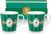 Pip Studio Love Birds Stripes sada 2 ks hrnků 225 ml, zelená (Sada hrnků v dárkové krabičce)