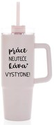 PRÁCE NEUTEČE, KÁVA VYSTYDNE! - růžový cestovní termohrnek s průhledným víčkem 900 ml