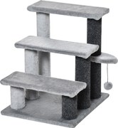 PawHut Kočičí Schody 3-Krokové Domácí Schody pro Mazlíčky se Škrabacími Sloupky a Míčkem pro Psy až 5 kg, Plyš Juta Šedá 45 x 40 x 48 cm | Aosom
