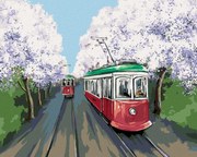 Malování podle čísel tramvaje v třešňové aleji, 40x50 cm, bez rámu a bez vypnutí plátna