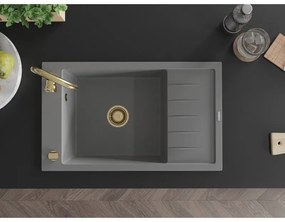 Mexen Elias, granitový dřez granitový 795x480x200 mm, 1-komorový, šedá se zlatým sifonem, 6511791005-71-G