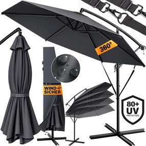 Závěsný slunečník antracitová Ø300cm hliníkový UV 80+ křížová podnož