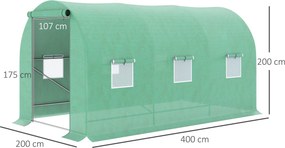 Zahradní skleník Outsunny 4x2x2 m - Tunelový skleník se 6 rolovacími okny a zipovým vchodem, proti UV záření, ideální pro terasu a zahradu