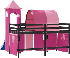 vidaXL Dětská patrová postel s věží 90 x 200 cm borovice [3207107] Barva: Přírodní a růžová