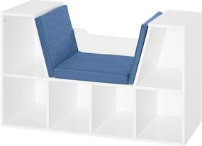 HOMCOM Knihovna s lavicí 2 v 1 Moderní design 6 oddílů 3 polštáře 102Š x 30H x 61V cm Bílá Modrá