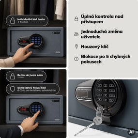 Hotelový trezor elektronický s kódovým zámkem, na notebook 15″ a dokumenty, 200 x420x370 mm: ALFRED