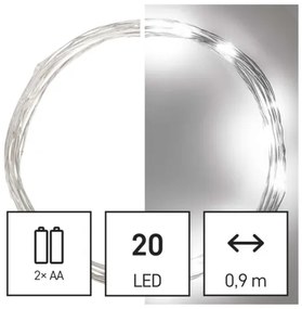 Vánoční osvětlení EMOS D3AC07 ZY1950 20LED nano řetěz stříbrný 1,9m 2xAA studená bílá s časovačem