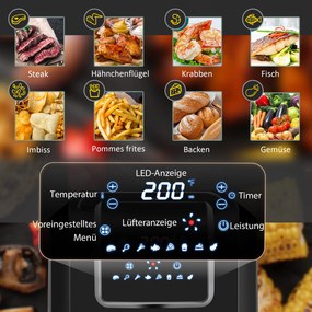 HOMCOM Horkovzdušná fritéza 6,5 l 1700 W, s 8 menu, LED displej, nepřilnavý koš pro zdravé vaření bez oleje, 36,5 x 29 x 33,8 cm | Aosom