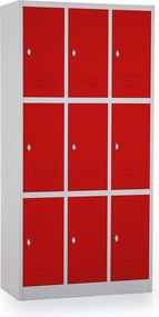 Kovová šatní skříňka - 9 boxů, 90 x 45 x 185 cm, otočný zámek, červená - ral 3000