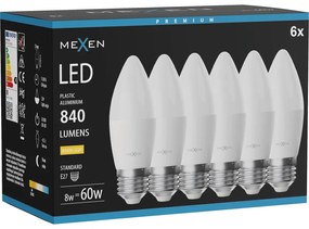 Mexen Nova 6x LED žárovka E27, C37, 8W, Teplá - 3000K, 840 lm - L102-E27-0830-01x06