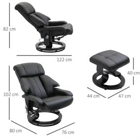 Televizní křeslo HOMCOM s funkcí polohování, hluboké čalounění, vysoký opěrák a područky, otočné o 360°, imitace kůže, 76L x 80W x 102H cm, černá | A…