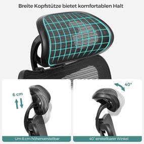 Kancelářská židle, síťová židle, s nastavitelnou bederní opěrkou a opěrkou hlavy, černá
