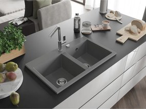 Mexen Hektor, 2-komorový granitový dřez 800x480x205 mm, šedá, chromový sifon, 6521802000-71