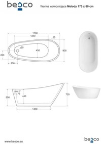 BESCO Volně stojící vana MELODY bílá Barva - Bílá, Barva sifonu - Zlatá, Rozměr vany - 170 × 80 cm VANMELODY170Z