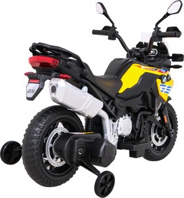 Ramiz Dětská motorka na baterie BMW F850 GS žlutá + pomocná kolečka + audio LED + pomalý start + EVA