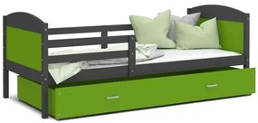 Dětská postel MATYAS P 80x190 cm s šedou konstrukcí v zelené barvě se šuplíkem.