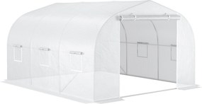 Zahradní tunelová skleník Outsunny rozměry 3,5L x 3W x 2H m Dveře + 6 rolovacích oken Zinková ocel Vysokohustotní PE kryt Bílý | Aosom