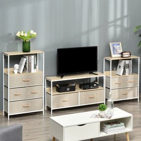 HOMCOM Nízký TV stolek na nožkách pro televizory do 47 palců, industriální styl, 2 látkové zásuvky, světle šedý, přírodní dřevo a bílý kov | Aosom