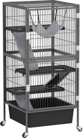 PawHut Kotec pro malé zvířata se 4 úrovněmi, králičí a fretčí chovatelská stanice s rampami, plošinami a houpacím sítem, s koly a brzdou, 52x52x115 cm