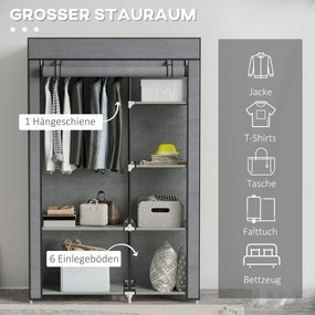 HOMCOM Textilní Šatní Skříň s 6 Policemi, Šatní Tyč, Zipová Skříň do Předsíně a Ložnice, 103 x 43 x 162,5 cm, Tmavě šedá