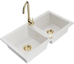 Mexen Mario, 2-komorový granitový dřez 88x44 cm s kuchyňskou baterií Telma, bílá, 6504-20-670200-50