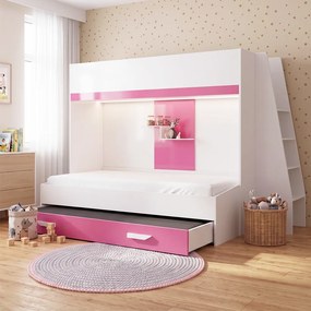 Patrová postel palanda PARTY | 230x135 cm | spaní 90x200 + 90x195 cm | UNI provedení | bílá/růžová lesk