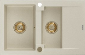 Mexen Gaspar, granitový dřez 737x475x177 mm, 1,5-komorový, béžová se zlatým sifonem, 6507731505-69-G