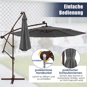 Costway Slunečník 300 cm s 40 solárními LED světly a klikou šedé, šedá