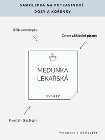 MEDUŇKA LÉKAŘSKÁ – bílá samolepka na dózu, základní písmo, 5 × 5 cm | DomaLEP