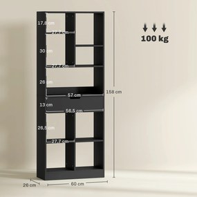 HOMCOM Knihovna s Šuplíkem a 9 Úložnými Prostory, Knihovna pro Obývací Pokoj, Kancelář nebo Studovnu 60x26x158 cm Černá