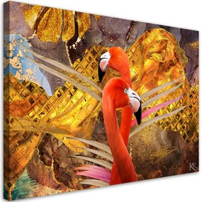 Obraz na plátně, Flamings na pozadí zlata - 100x70 cm