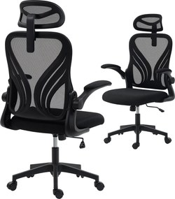 HOMCOM ergonomická kancelářská židle se síťovinou, skládací opěradlo, 2D nastavitelná opěrka hlavy, vyklápěcí područky, bederní podpora, houpání a 360