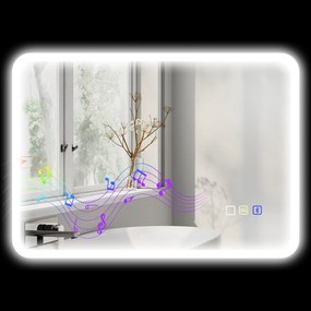 HOMCOM koupelnové zrcadlo LED Bluetooth 50 x 70 cm, dotykový spínač, nastavitelné světlo 3 barvy, proti zamlžení, paměť, stříbrné
