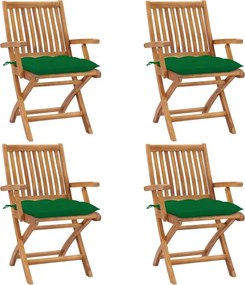 vidaXL Skládací zahradní židle s poduškami 4 ks masivní teak [3072738] Barva: Zelená