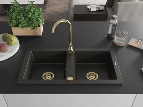 Mexen Mario, granitový dřez 820x436x161 mm, 2-komorový, černá-zlatá metalíza se zlatým sifonem, 6504822000-75-G