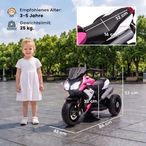 HOMCOM Elektrická dětská motorka, světla a zvuky, 3 km/h, dobíjecí, plast a kov, růžová/bílá