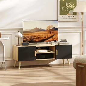 HOMCOM TV nábytek, TV stolek z dřeva až do 127 cm s přihrádkami, 2 skříněmi a průchody pro kabely, dub