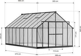 Skleník 245 x 305 x 488 cm, zesílená konstrukce, polykarbonát 6 mm