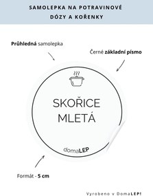 Samolepka na kořenky SKOŘÍCE MLETÁ průhledná 5 cm základní písmo