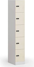 Šatní skříňka S1 s úložnými boxy, 5 boxů, 1850 x 300 x 500 mm, mechanický kódový zámek, laminované dveře, bříza
