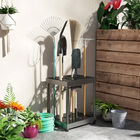 Organizér na zahradní nářadí Outsunny, 16-přihrádkový dvoupatrový držák na nářadí s nastavitelnými podložkami pro nůžky, lopaty, hrábě, do kůlny, gar…