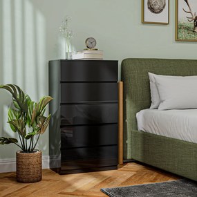 HOMCOM Komoda s 5 šuplíky Moderní komoda s protisrážecí konstrukcí pro obývací pokoj a chodbu 55x34x100 cm Černý lesk