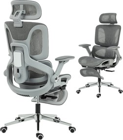 HOMCOM ergonomická síťovaná kancelářská židle — 4D područky, nastavitelná opěrka hlavy a hloubka sedáku, bederní opora, sklápění 135° s opěrkou nohou