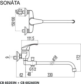Mereo Mereo, Nástěnná baterie do byt. jádra, Sonáta, bez příslušentví pr. 18 mm - 330 mm, chrom, CB602A03N