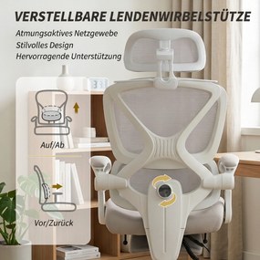 HOMCOM Kancelářská židle, ergonomická židle k psacímu stolu s opěrkou nohou, houpací funkcí, opěrkami rukou, síťovina, šedá