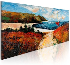 Obraz Břeh (1dílný) - barevná krajina s lesem a plachetnicí na moři