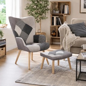 Relaxační křeslo ušák s podnožkou LYRO - šedá patchwork látka