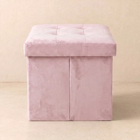 Taburet s úložným prostorem, sametový, skládací, 38 × 38 × 38 cm, růžový