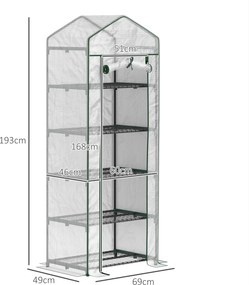 Skleník Outsunny s rolovacím dveřmi, policemi, zimní ochrannou ocelovou konstrukcí, skleník pro balkon, zahradu, dům na rajčata 69 x 49 x 193 cm, skl…