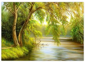 Skleněný obraz - Vrba u jezera, olejomalba (70x50 cm)